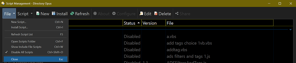 Script management window: "close" menu button does not work in 13.18.3 ...
