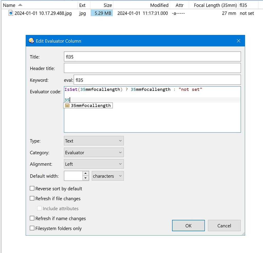 Eval Columns: "35mmfocallength" not available - Help & Support ...